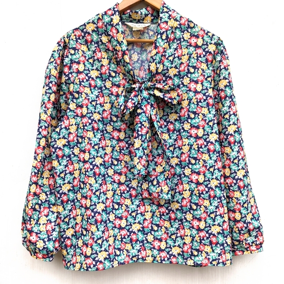 Vintage | Tops | Vintage Lady Devon 8s Ditsy Floral Neck Tie Bow Blouse ...